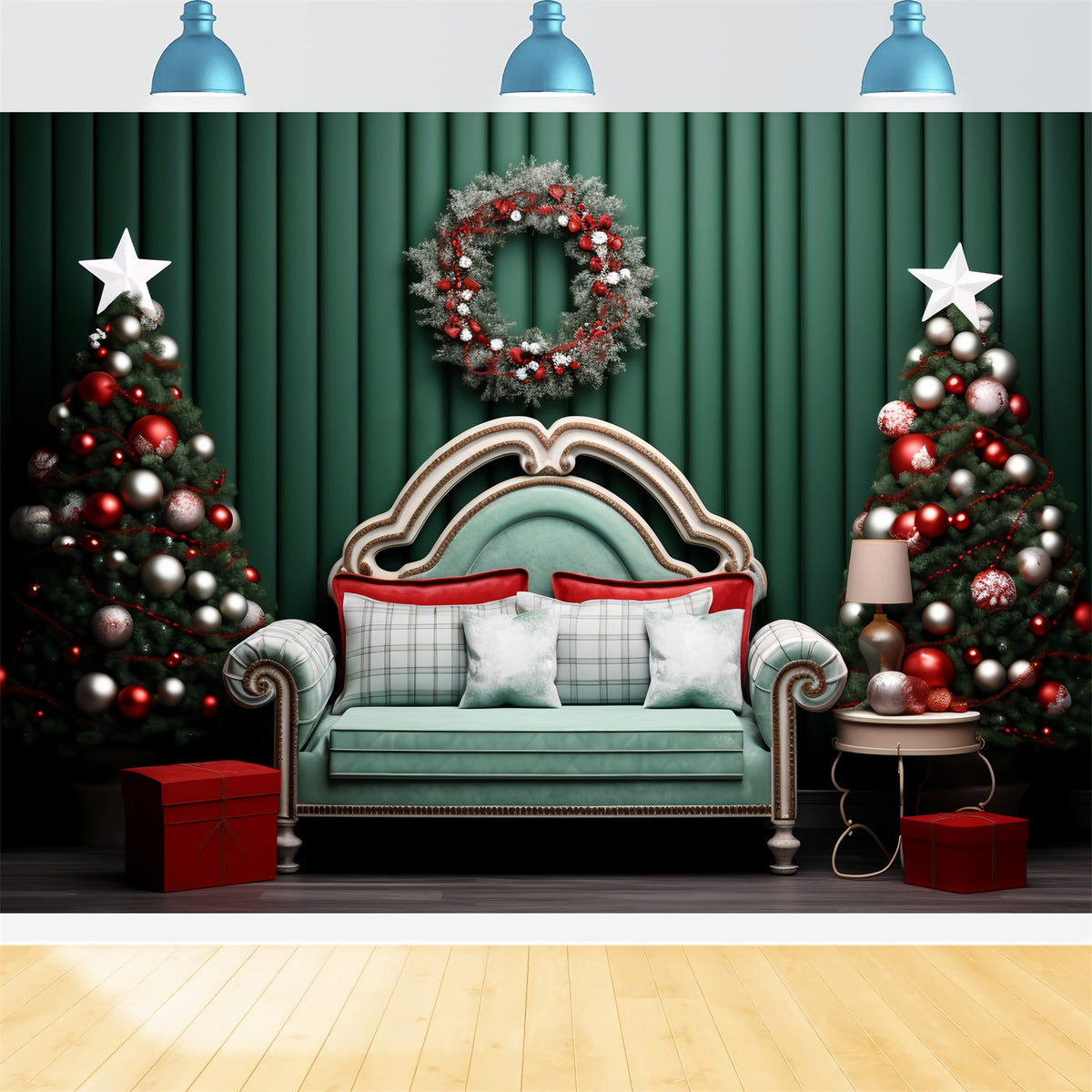 Christmas Picture Backdrops Green Wall Wreath Sofa Backdrop UK BRP11-2