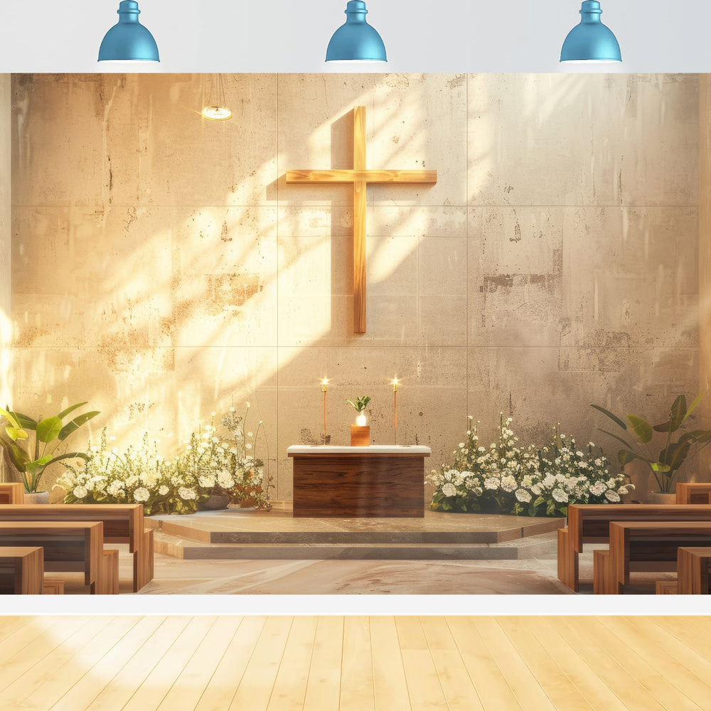 Church Backdrop Designs Sunlit Floral Golden Cross Backdrop UK BRP12-7