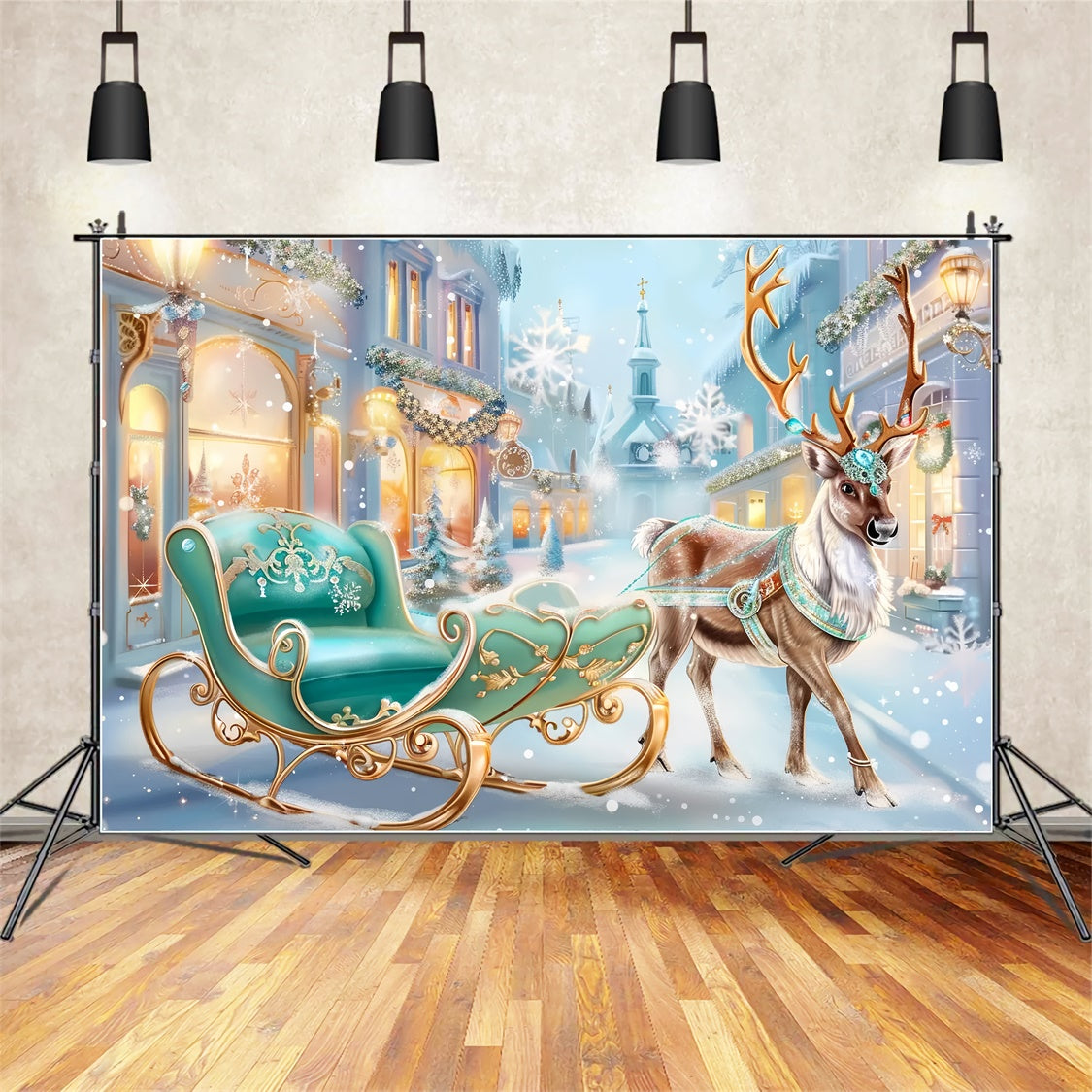 Royal Reindeer and Sleigh in Christmas Town Backdrop UK BRP8-74 ...