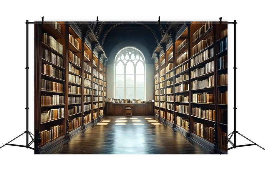 Library Backdrop Golden Aisle Library Bookshelves School Photo Backdro