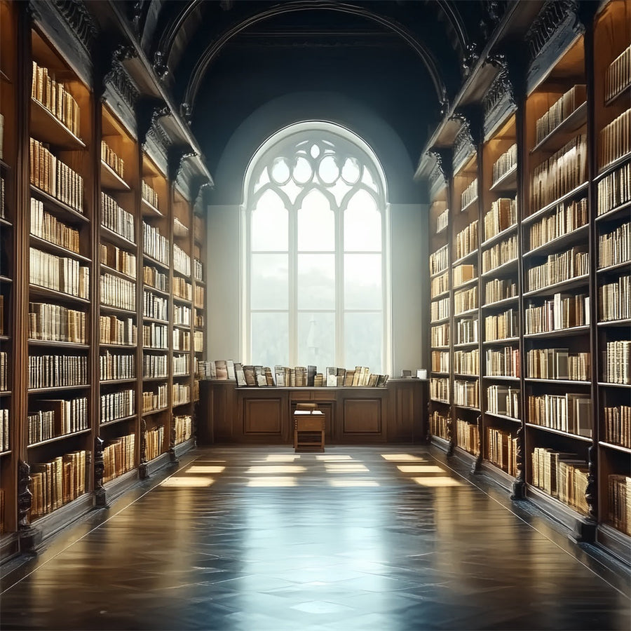 Library Backdrop Golden Aisle Library Bookshelves School Photo Backdro