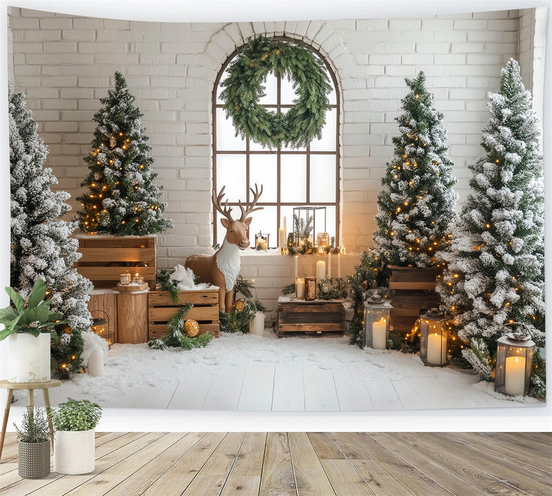 Christmas Tree Backdrop Rustic Reindeer Snowy Pine Lanterns Christmas