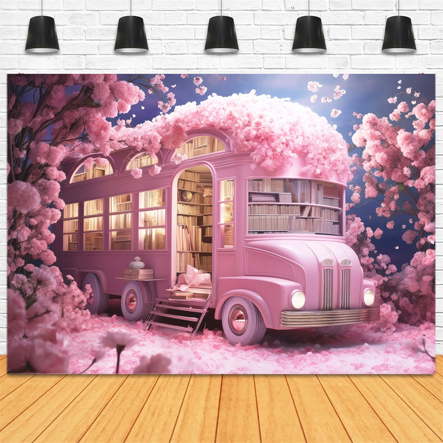 Flowers Surrounding Book-Filled Pink School Bus Backdrops M1-07 ...