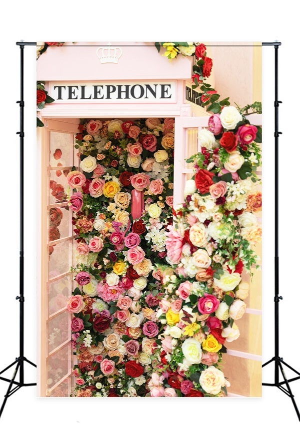 Romantic Pink Phone Booth Filled With Flowers Backdrop M1-13 ...