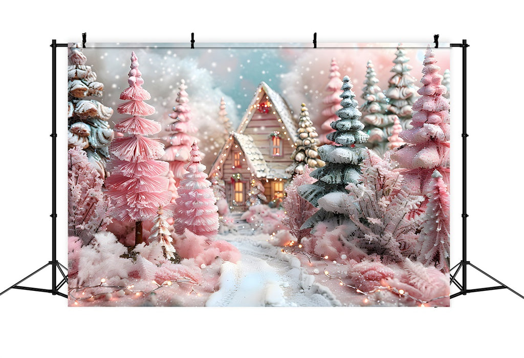 Christmas Forest Pink Fantasy Cottage Backdrop UK RR7-600 – Dbackdropcouk