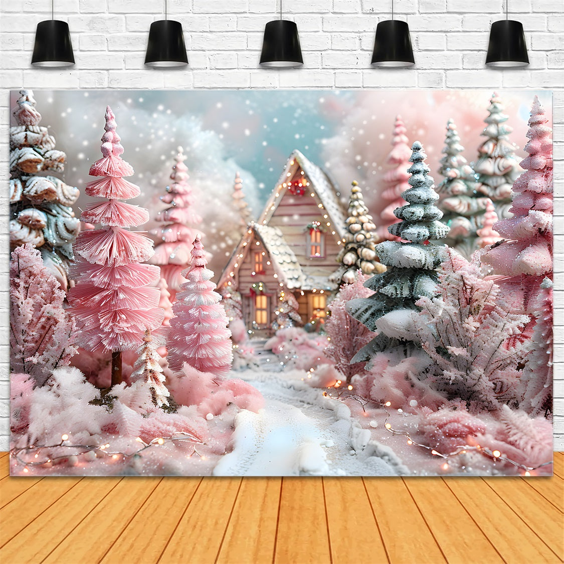 Christmas Forest Pink Fantasy Cottage Backdrop UK RR7-600 – Dbackdropcouk