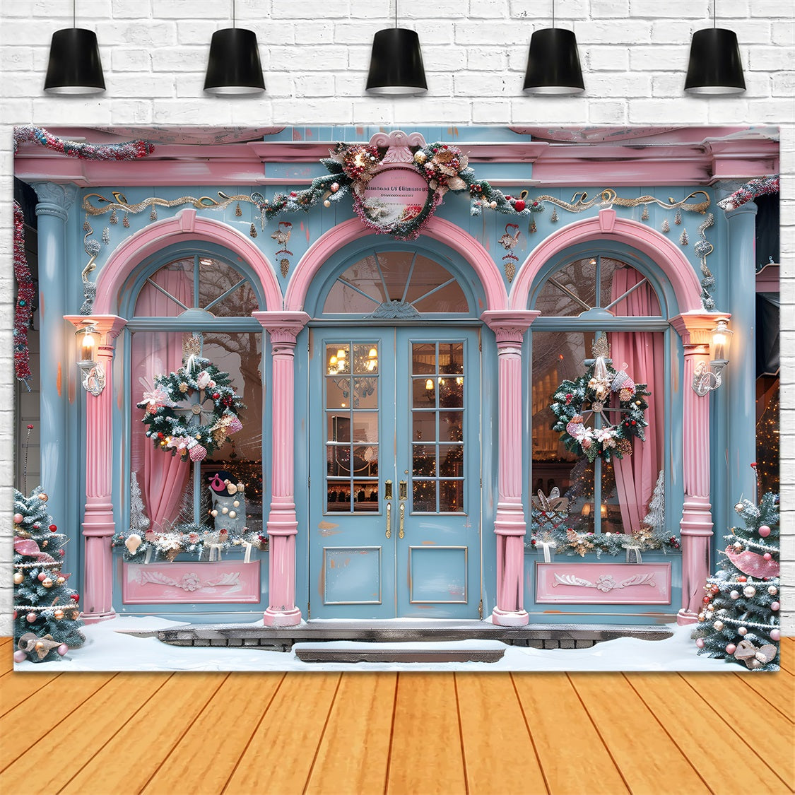 Christmas Pink Blue Boutique Storefront Backdrop UK RR7-605 – Dbackdropcouk