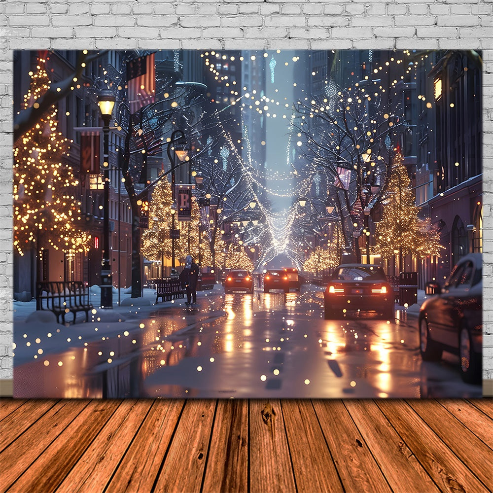 Christmas Trees Lights Street Night Backdrop UK RR7-780 – Dbackdropcouk