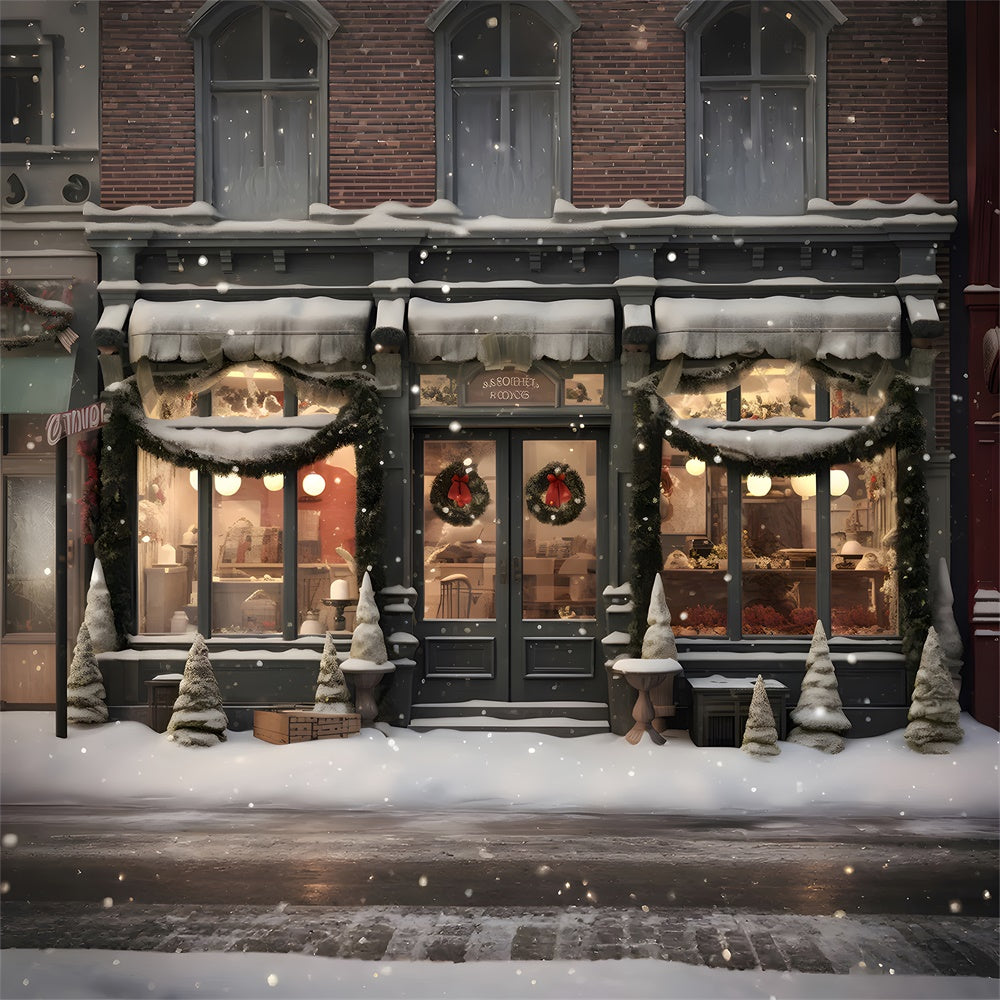Winter Snow Street Christmas Shop Backdrop UK RR7-818 – Dbackdropcouk