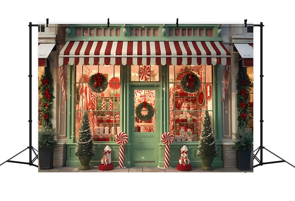 Christmas Shop Wreath Candy Cane Backdrop UK RR7-872 – Dbackdropcouk