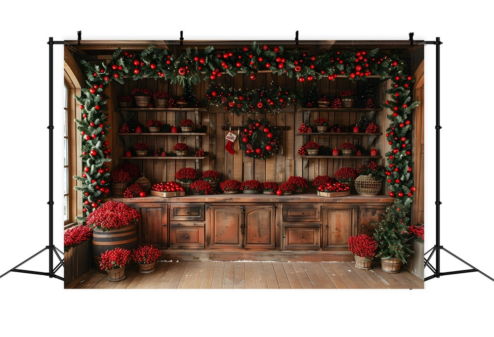 Christmas Rustic Cabin Red Berries Backdrop RR8-258 – Dbackdropcouk