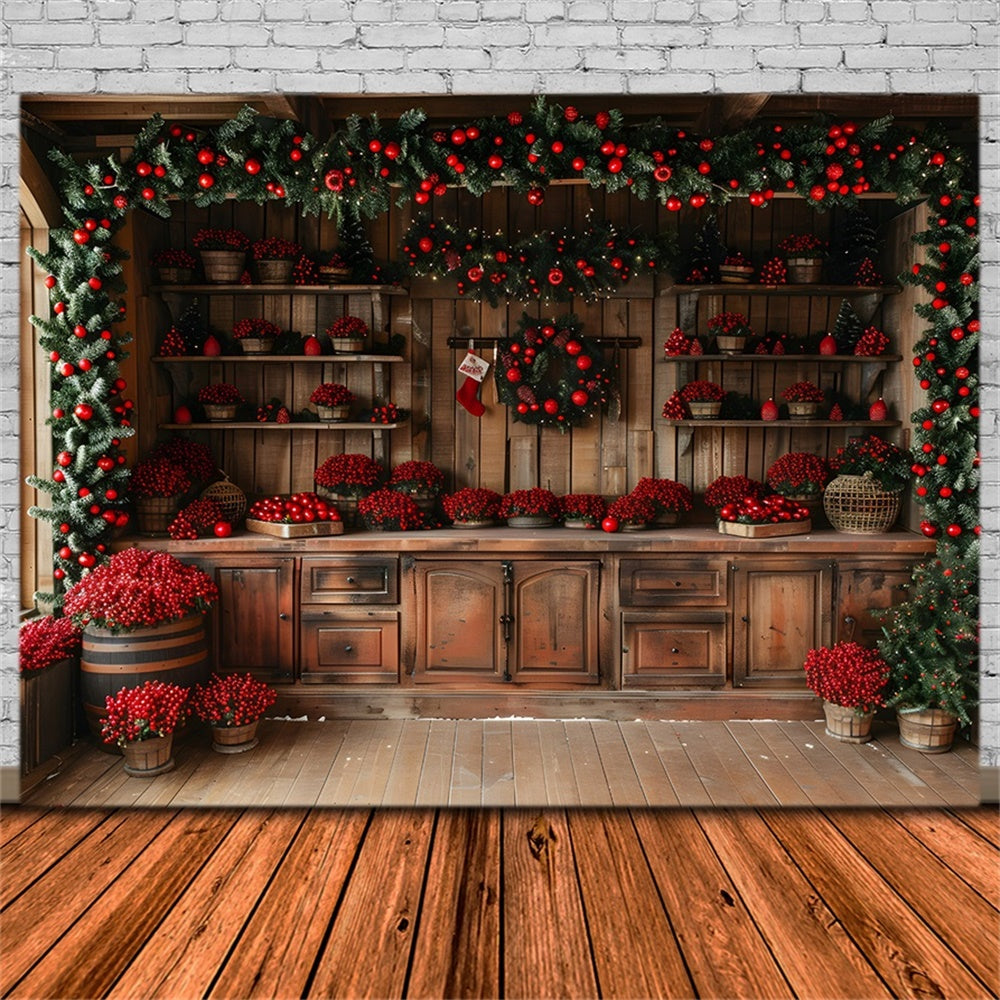 Christmas Rustic Cabin Red Berries Backdrop RR8-258 – Dbackdropcouk