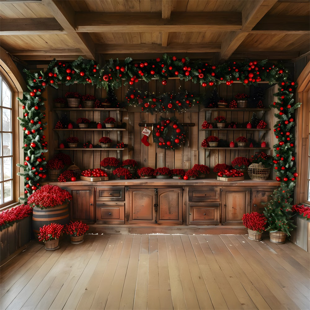 Christmas Rustic Cabin Red Berries Backdrop RR8-258 – Dbackdropcouk