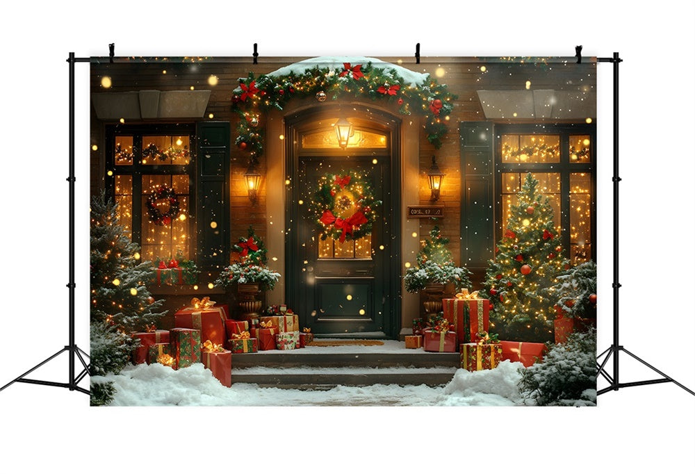 Christmas Cozy Porch Wreath and Trees Backdrop RR8-266 – Dbackdropcouk