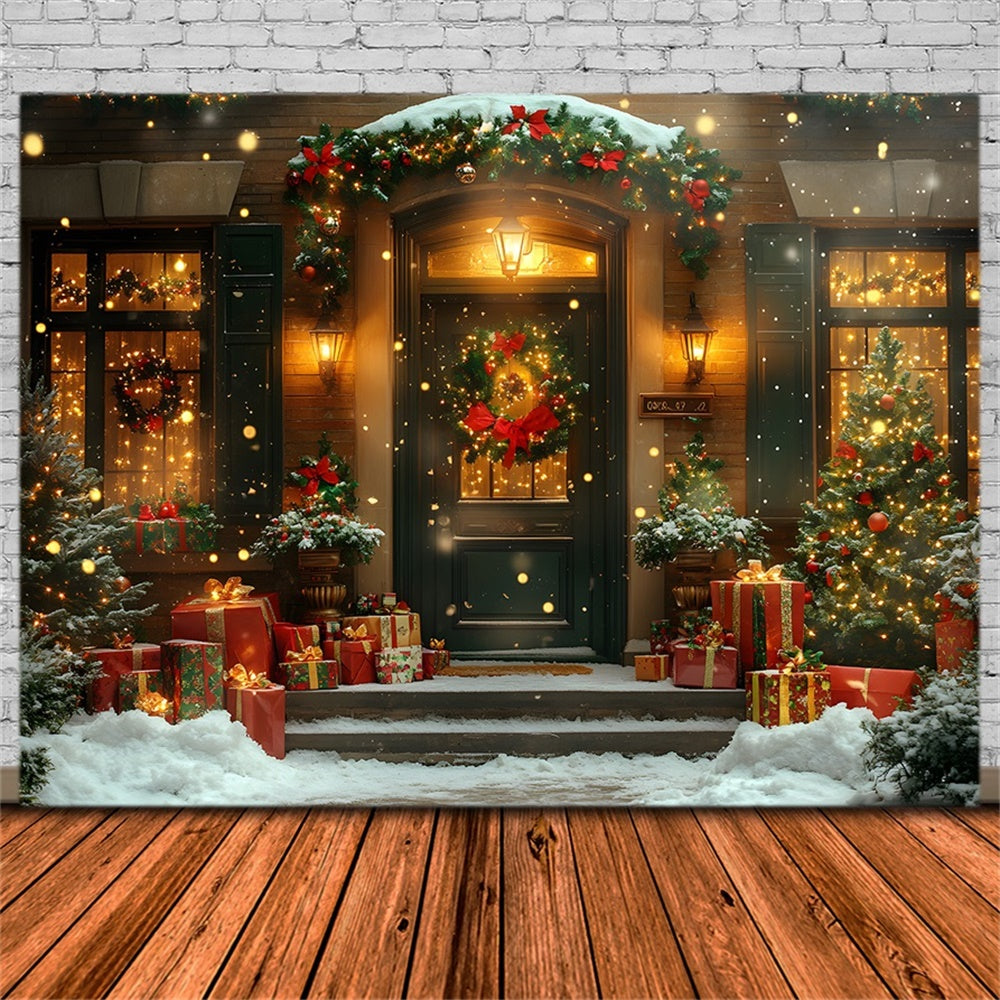 Christmas Cozy Porch Wreath and Trees Backdrop RR8-266 – Dbackdropcouk