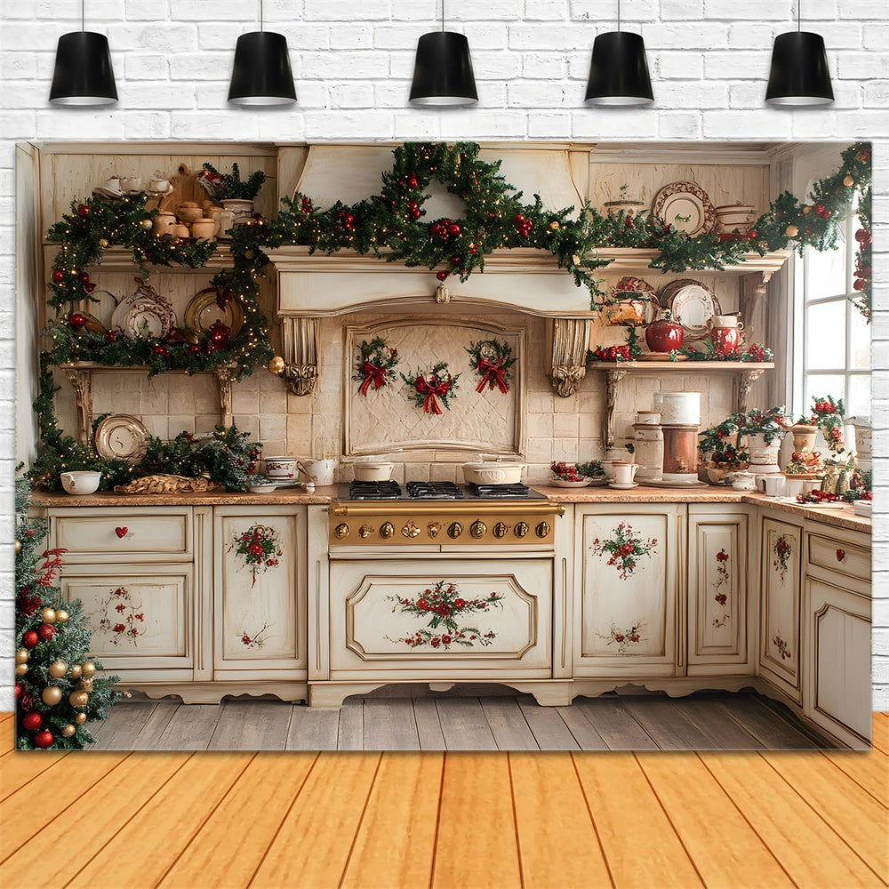 Christmas Wreath Kitchen Photography Backdrop UK RR8-343 – Dbackdropcouk