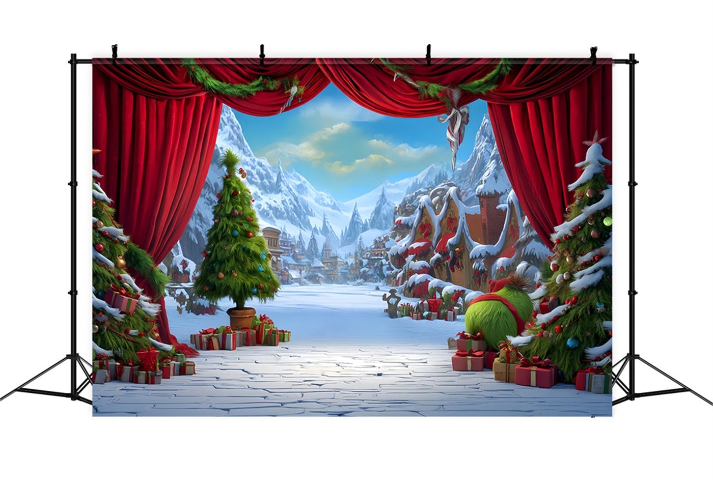 Grinch Backdrop Whoville Festive Winter Stage Christmas Photo Backdrop