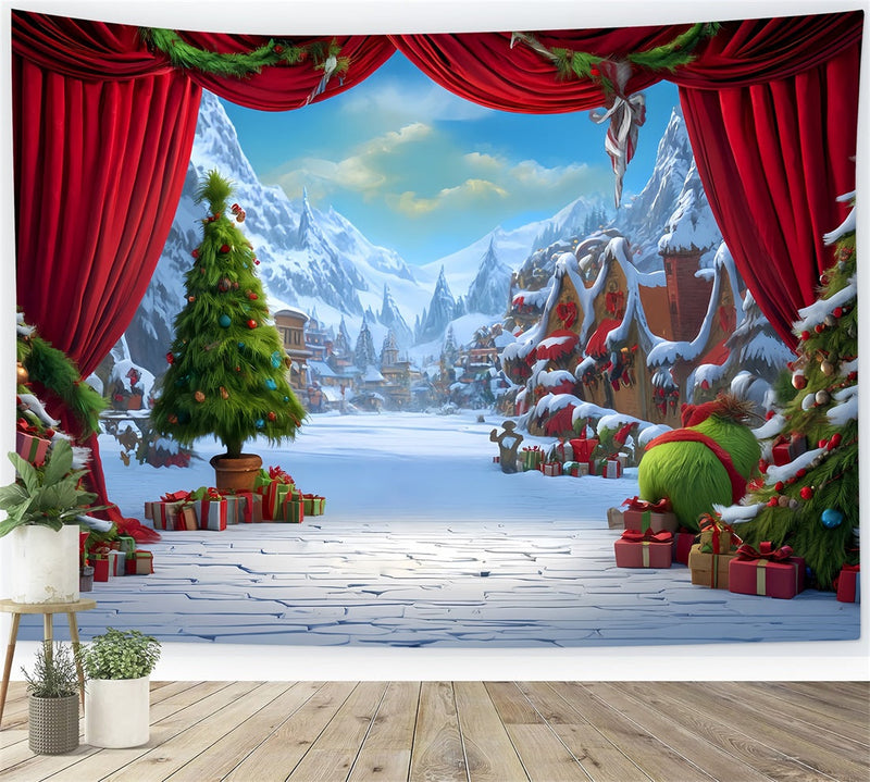 Grinch Backdrop Whoville Festive Winter Stage Christmas Photo Backdrop