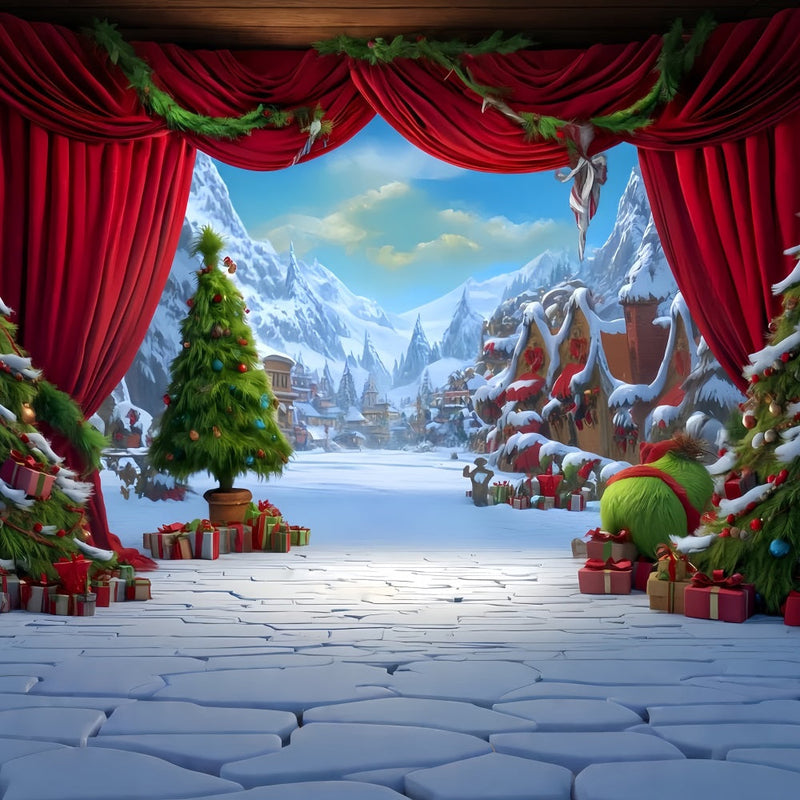 Grinch Backdrop Whoville Festive Winter Stage Christmas Photo Backdrop