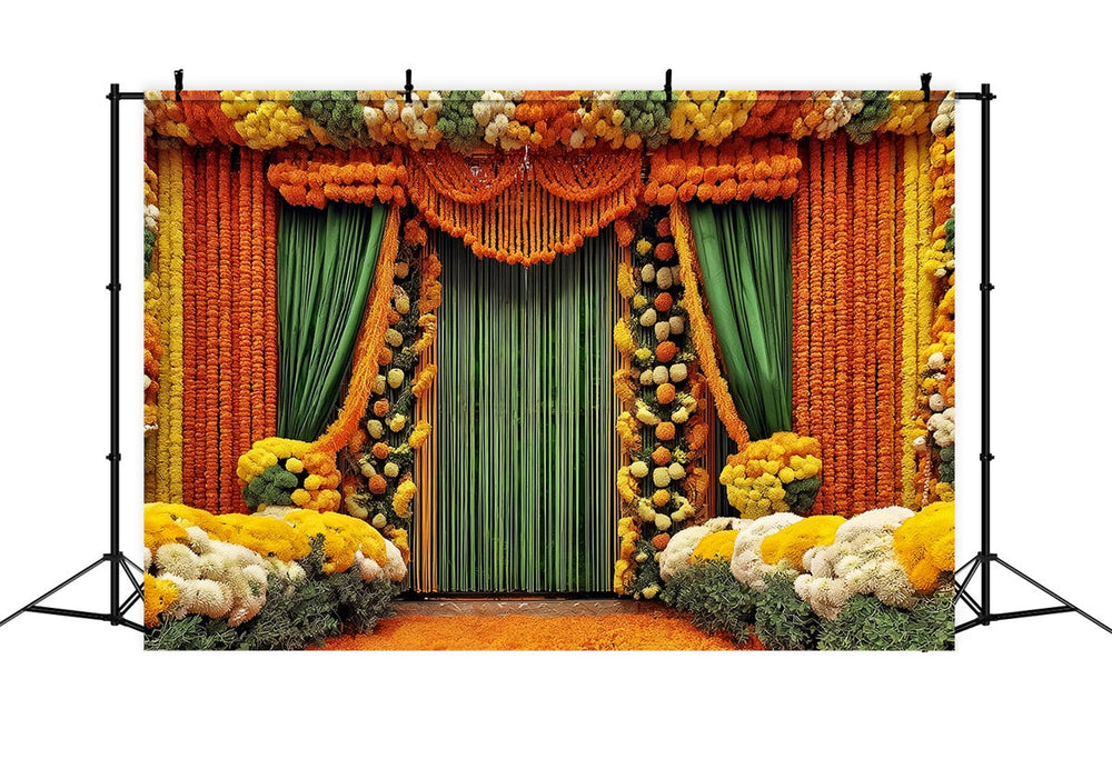 Wedding Indian Backdrop Vibrant Marigold Floral Curtains Vintage Weddi
