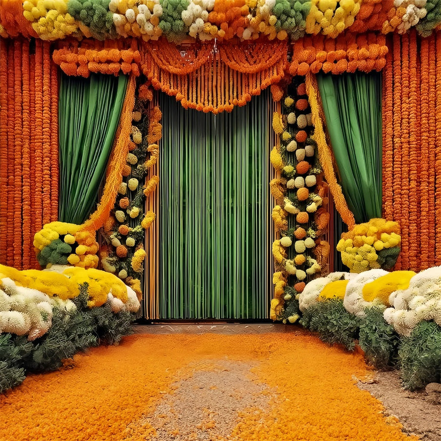 Wedding Indian Backdrop Vibrant Marigold Floral Curtains Vintage Weddi