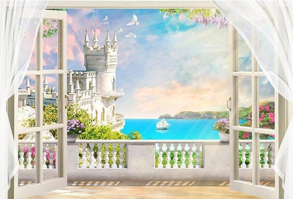 Beautiful Castle Scenery outside the Window Photo Backdrop UK G-492