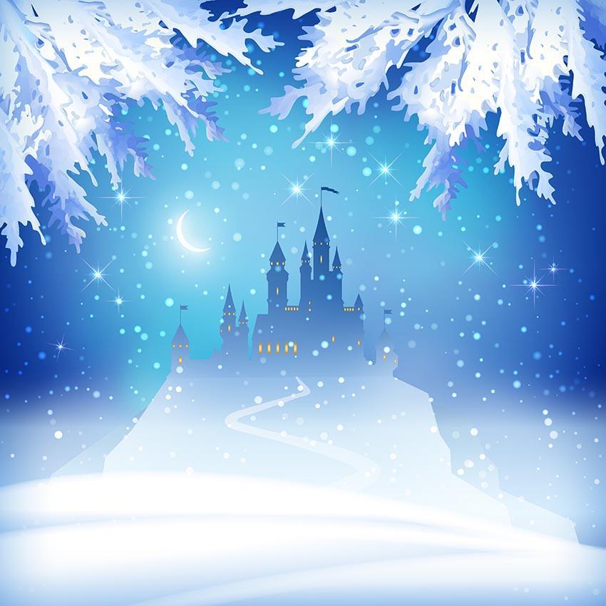 Winter Snow Night Castle Backdrop UK for Photo Booth G-531 – Dbackdropcouk