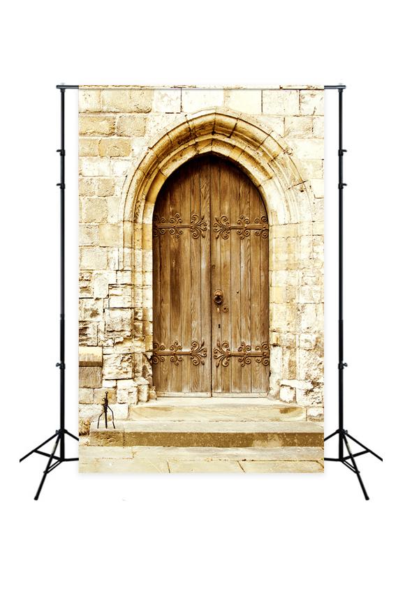 Brown Wooden Door Stone Wall Photography Backdrop UK J03182 – Dbackdropcouk