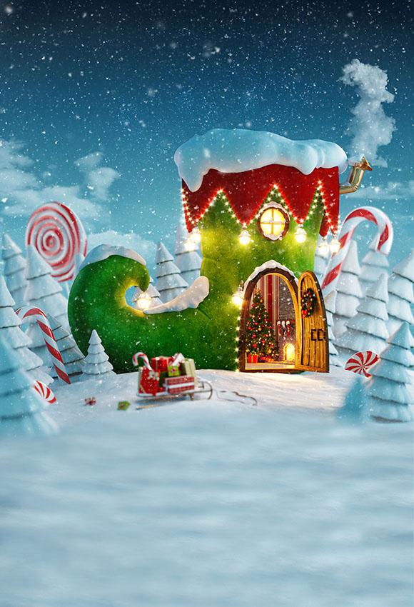 Christmas Boot House Snow Photography backdrop UK LV-985 – Dbackdropcouk